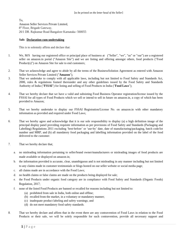 Amazon Seller Food Compliance Declaration | PDF | Food Safety | Justice