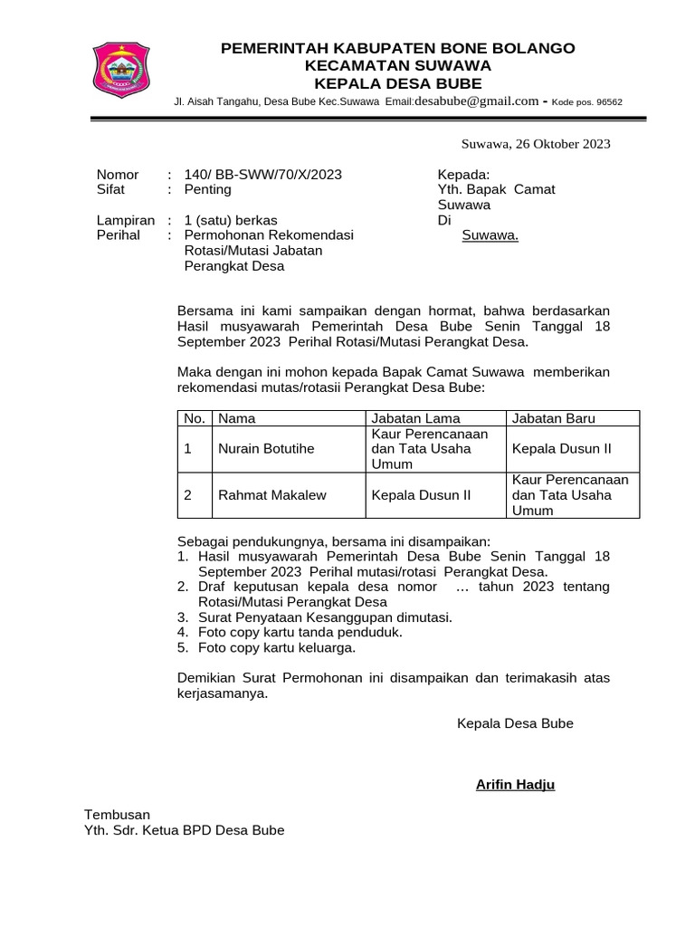 Contoh SK Mutasi Perangkat Desa1 | PDF