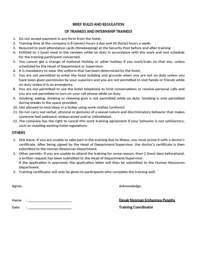 Brief Rules and Regulation of Trainees and Internship Trainees | PDF