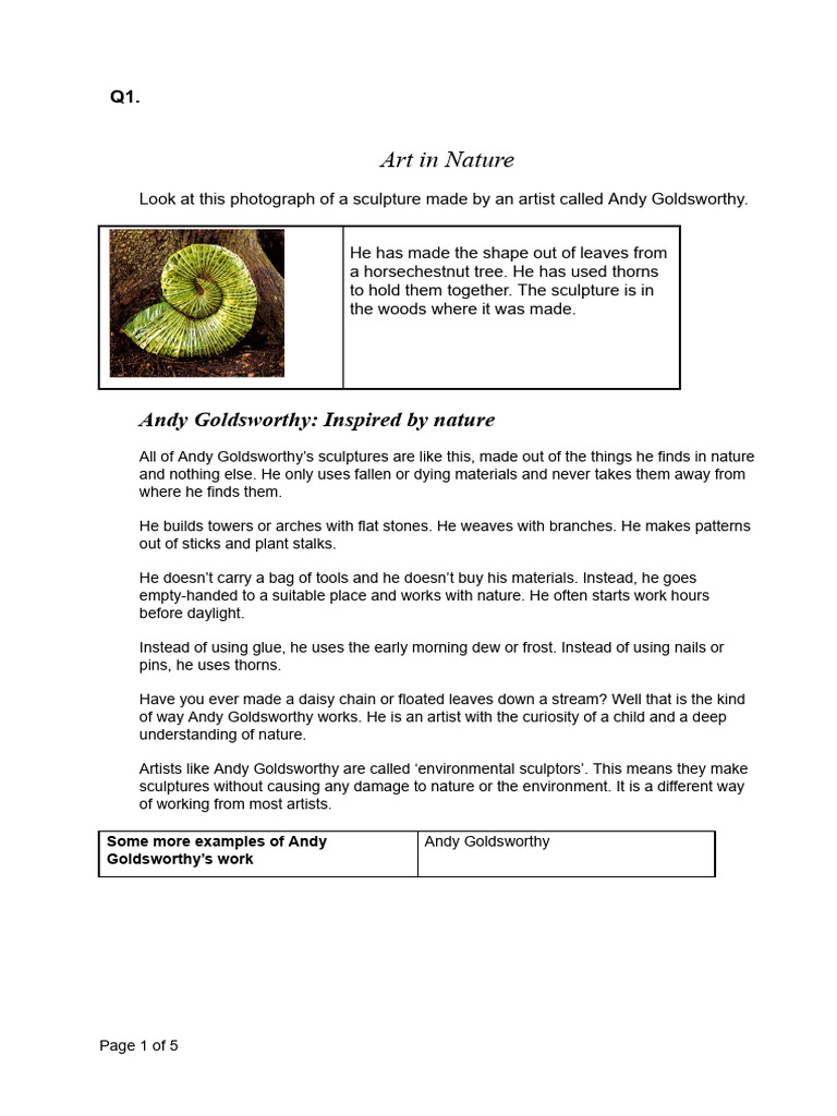 KS2 Reading Comprehension Art in Nature | PDF | Leaf