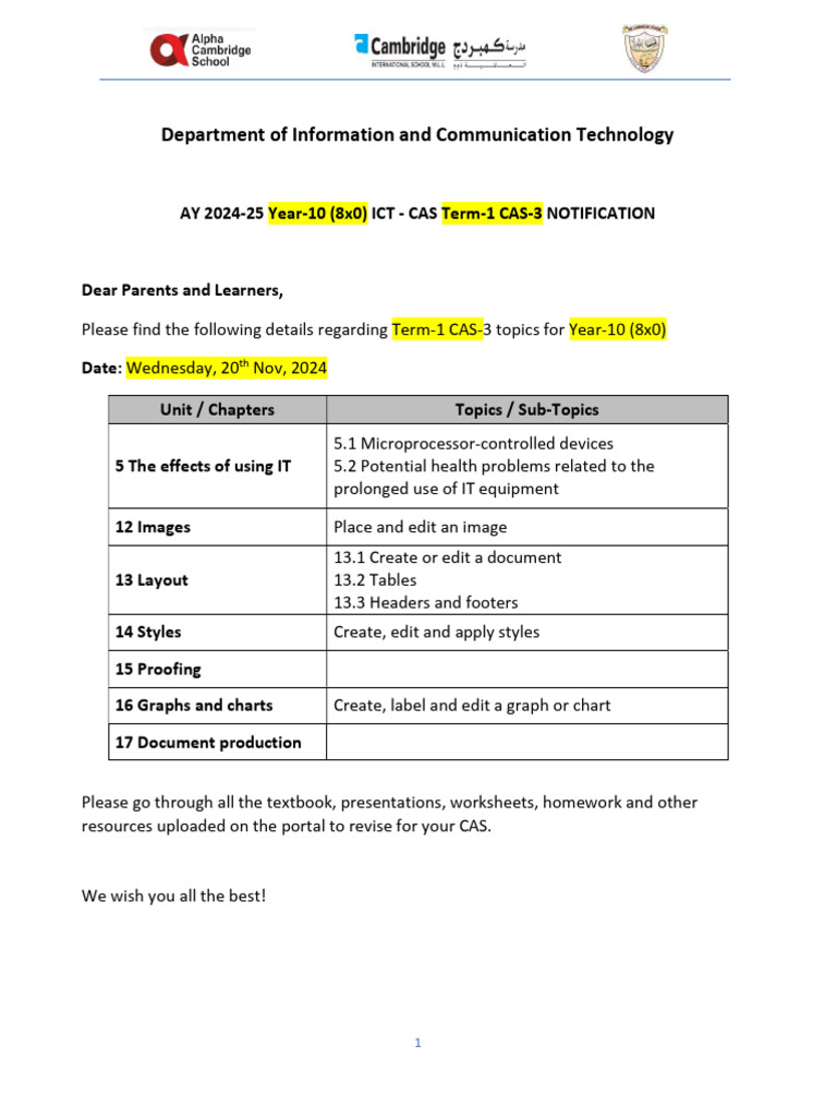 Year 10 ICT CAS-3 Term 1 Notification | PDF