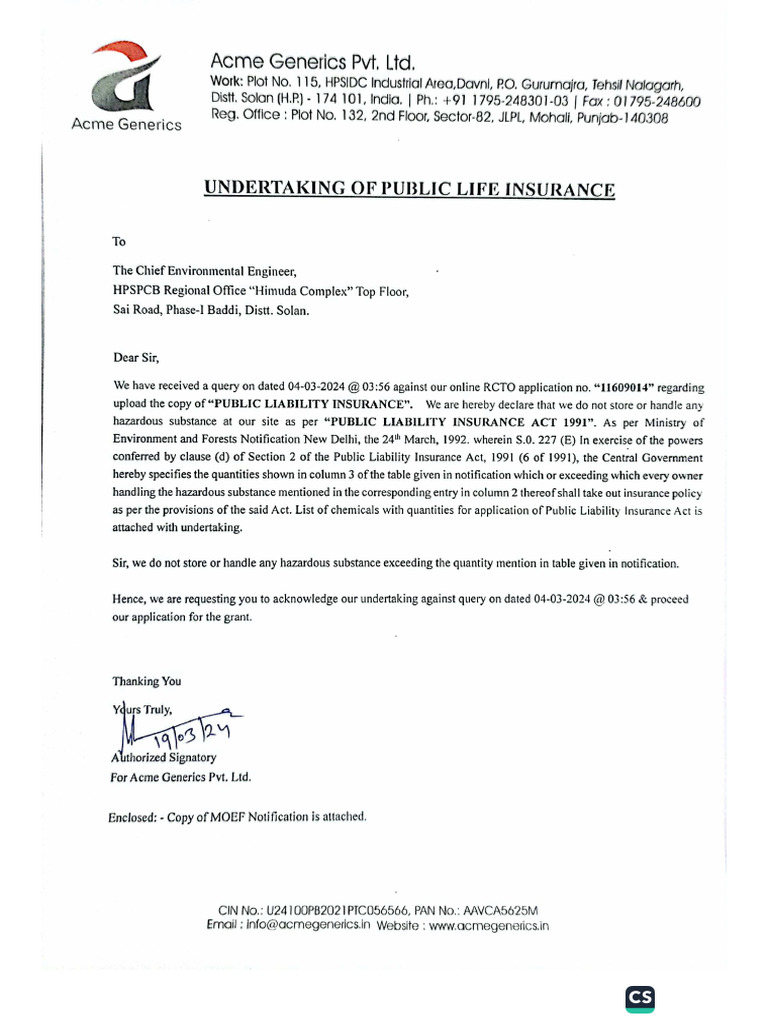 Undertaking For Public Liability Insurance - Acme Generics Pvt. LTD | PDF