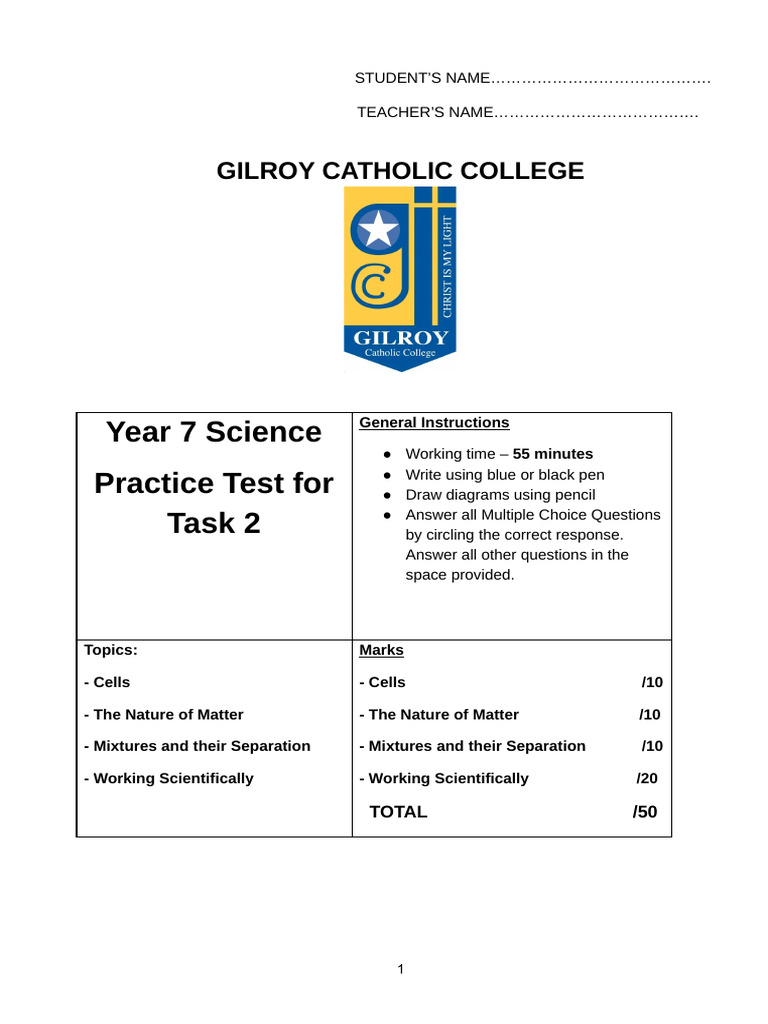 Practice Test For Yr 7 Science Task 2 | PDF | Gases | Liquids