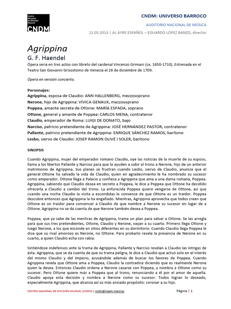 Agrippina: Ópera Barroca de Haendel | PDF | Claudio | Musica italiana