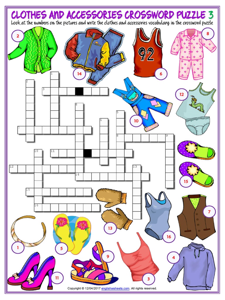 Clothes and Accessories Vocabulary Esl Crossword Puzzle Worksheets For ...
