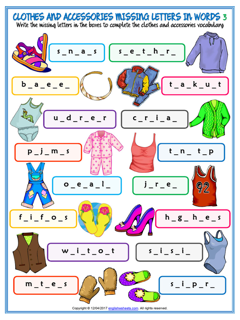 Clothes and Accessories Vocabulary Esl Missing Letters in Words ...