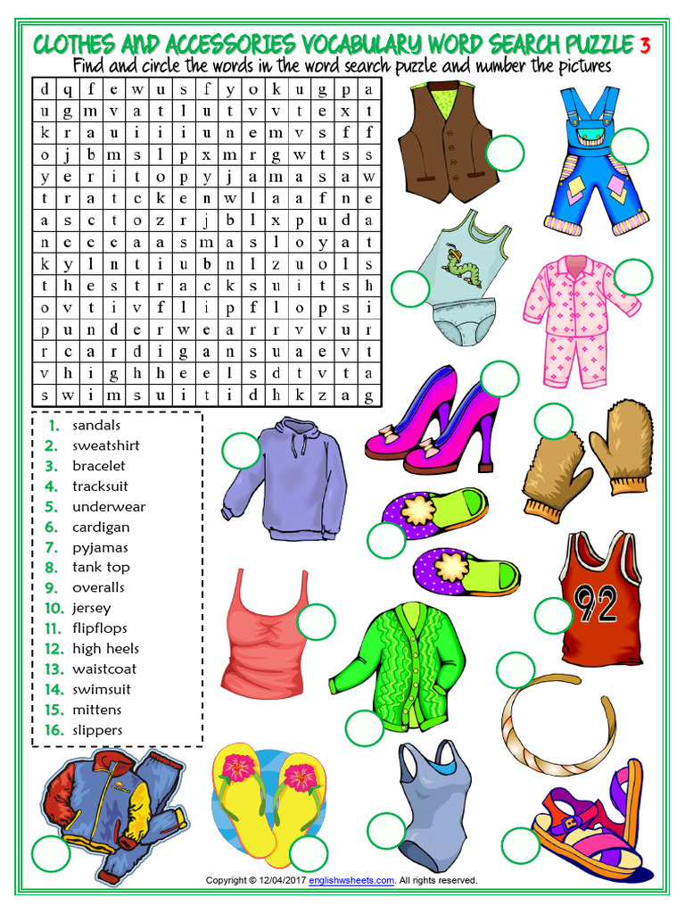 Clothes and Accessories Vocabulary Esl Word Search Puzzle Worksheets ...