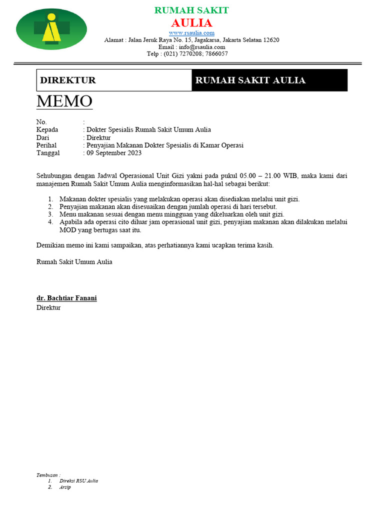 Penyajian Makanan Dokter di RS Aulia | PDF