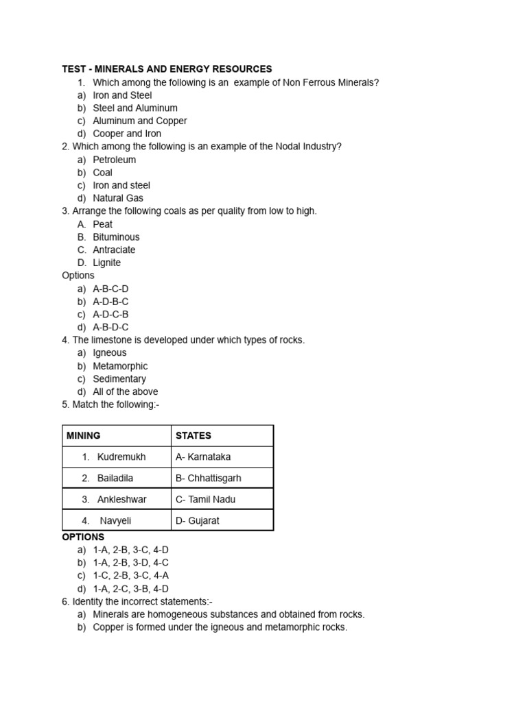 Test - Minerals and Energy Resources | PDF | Rock (Geology) | Coal