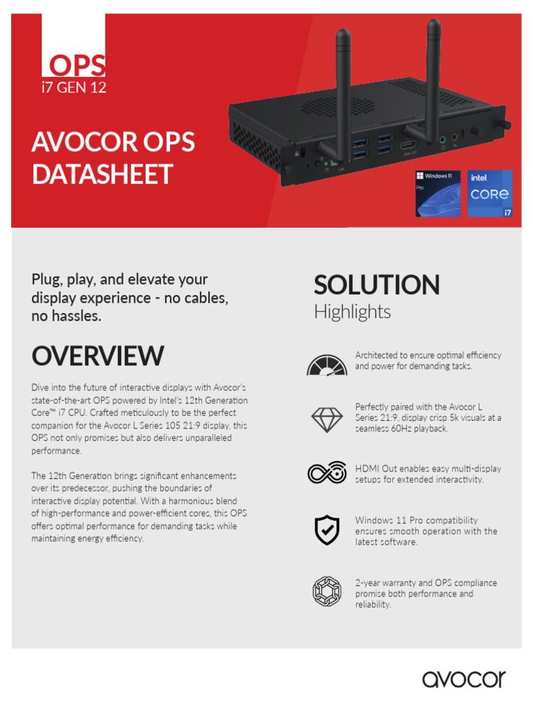AVOCOR-i7-GEN-12-OPS_Datasheet_US | PDF | Usb | Hdmi