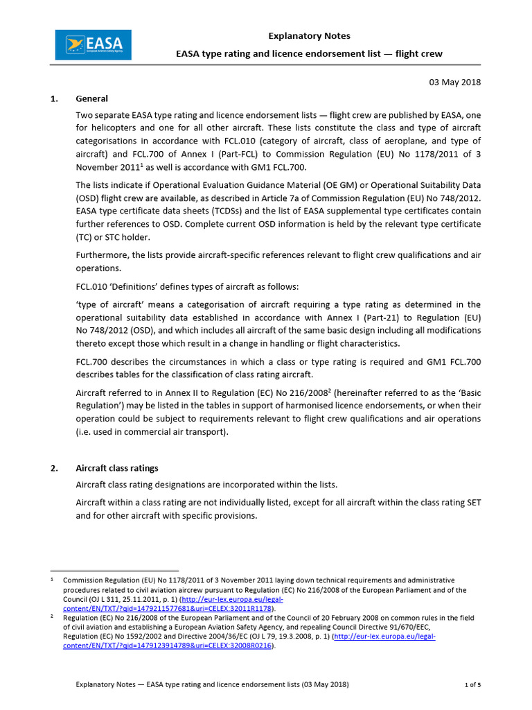 Type Rating List Explanatory Notes EASA T - R - List - 03052018 | PDF ...