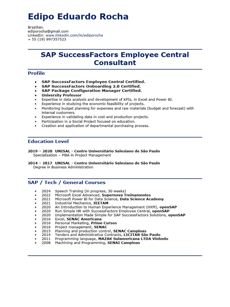 SAP SuccessFactors Consultant Profile | PDF | Consultant | Human ...