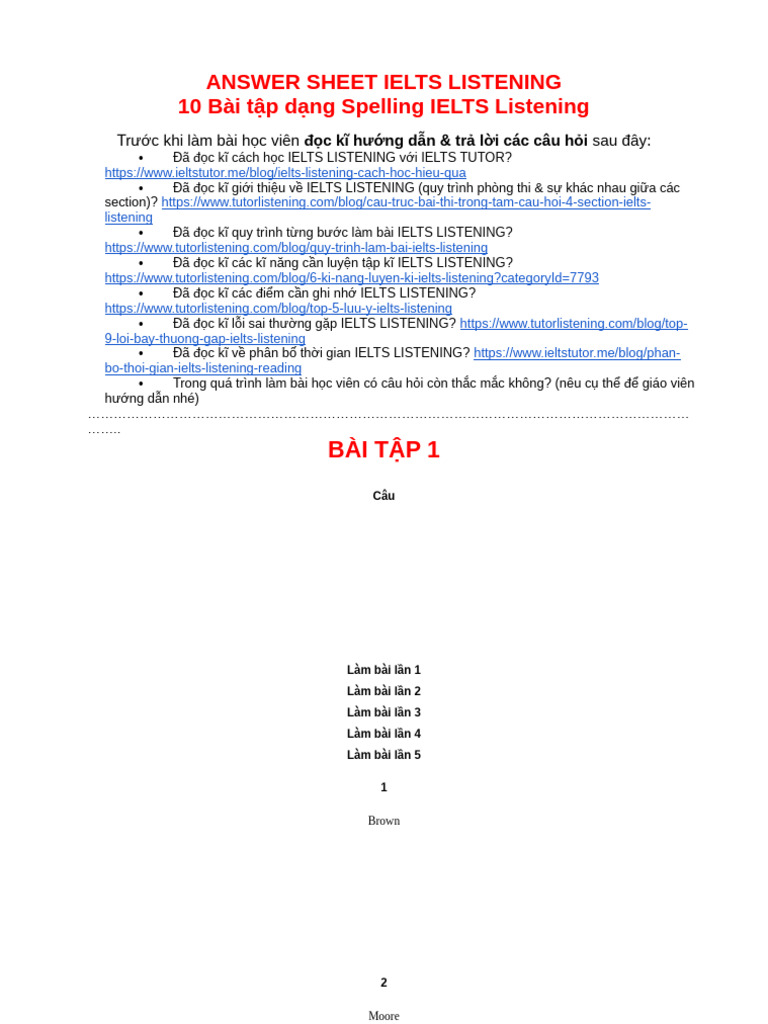 Answer Sheet Ielts Listening - 10 Bài Tập Dạng Spelling Ielts Listening ...