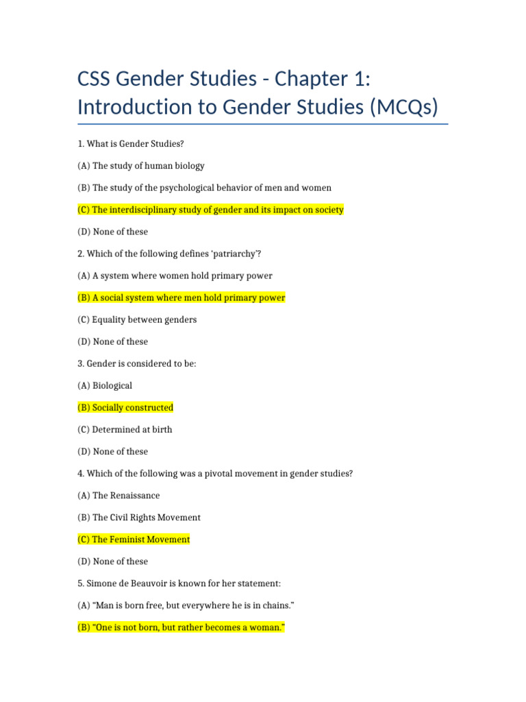 CSS Gender Studies Chapter 1 Introduction 40 MCQs | PDF | Gender ...
