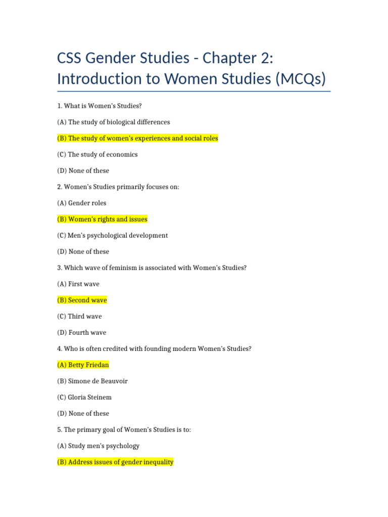 Women’s Studies MCQs: Key Concepts | PDF | Women's Studies | Gender Studies