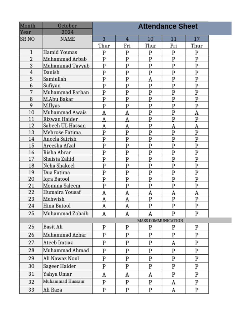 October 2024 Attendance Sheet | PDF
