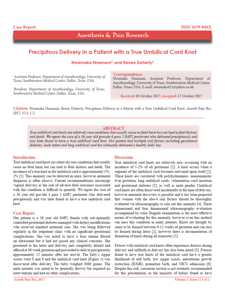 Precipitous Delivery in A Patient With A True Umbilical Cord Knot | PDF ...
