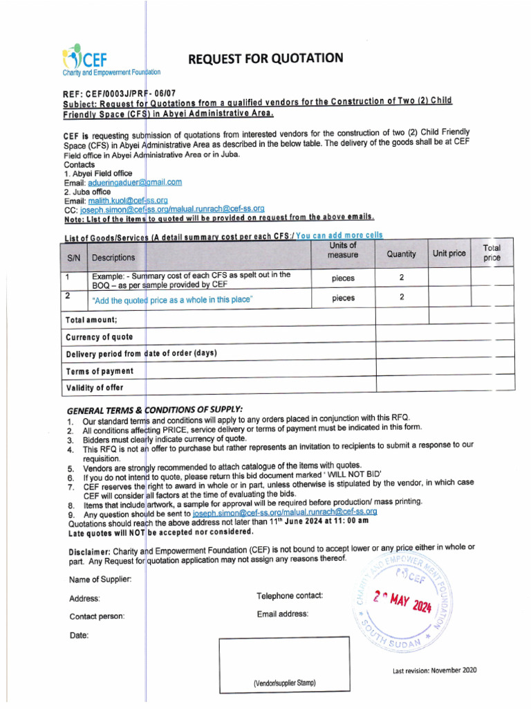 RFQ For Construction of 2 CFS in Abyei Administrative Area - Re ...