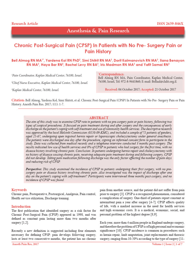 Chronic Post-Surgical Pain (CPSP) in Patients With No Pre- Surgery Pain or Pain History | PDF ...