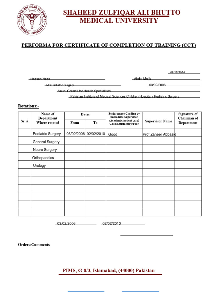 Performa For Certificate of Completion of Training CCT 2 | PDF