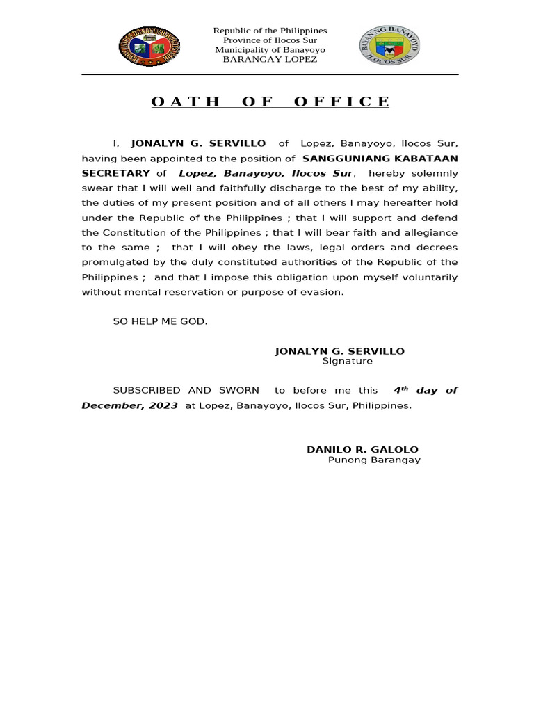 OATH OF OFFICE | PDF | Oath Of Office | State Ritual And Ceremonies