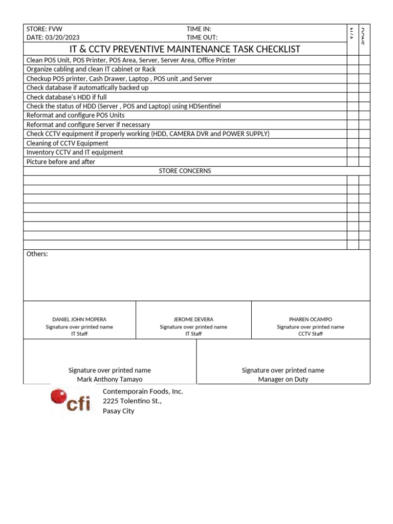 FVW PM Checklist | PDF