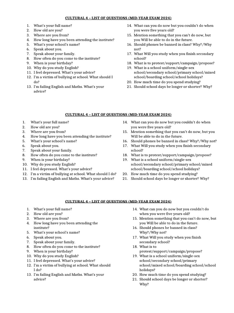 CULTURAL 4 List of Questions | PDF | Career & Growth | Wellness
