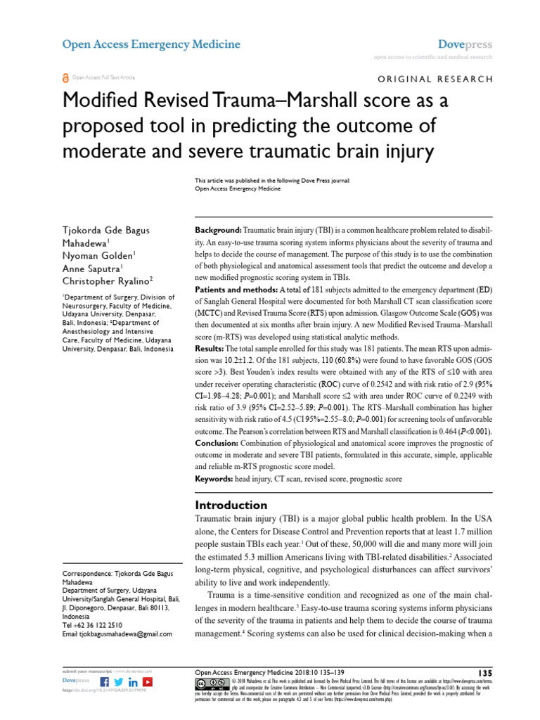 Oaem 179090 Modified Revised Trauma Marshall Score As A Proposed Tool ...