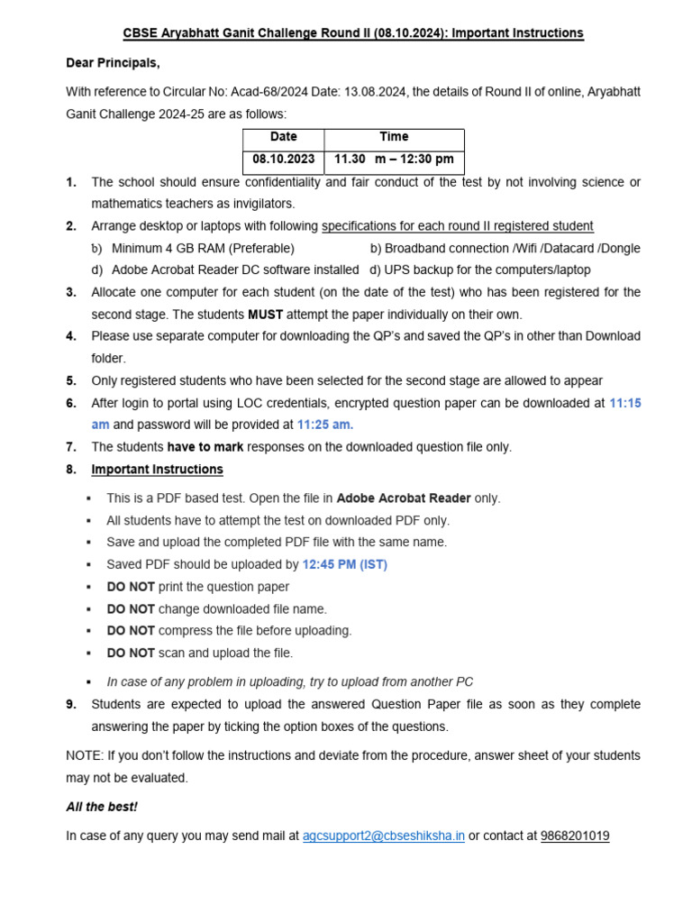 Important Instructions CBSE Aryabhatt Ganit Challenge Round II (08.10.2024) B | PDF | Computing ...