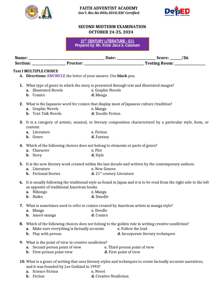 Faith Adventist Academy Midterm Exam 2024 | PDF | Creative Nonfiction ...