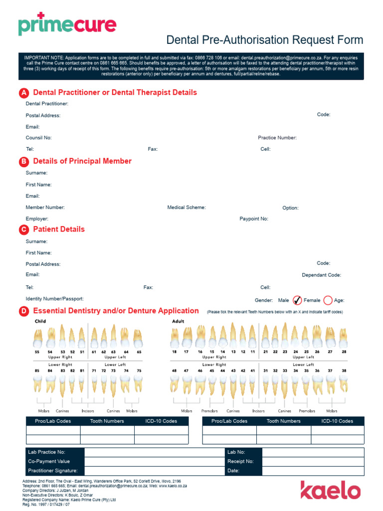Kaelo - 2023 - Prime Cure - Dental Pre Authorisation Request Form | PDF | Health Care | Dentistry