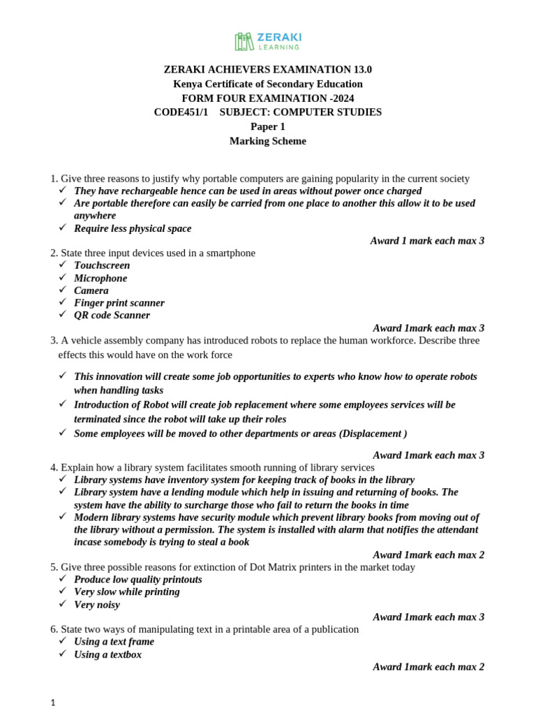 Computer-Studies-Paper-1-Marking-Scheme-1 | PDF | Computer Network ...