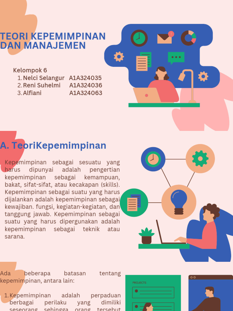 Kelompok 6 Teori Kepemimpinan Dan Manajemen | PDF | Karier & Perkembangan | Pengembangan Diri
