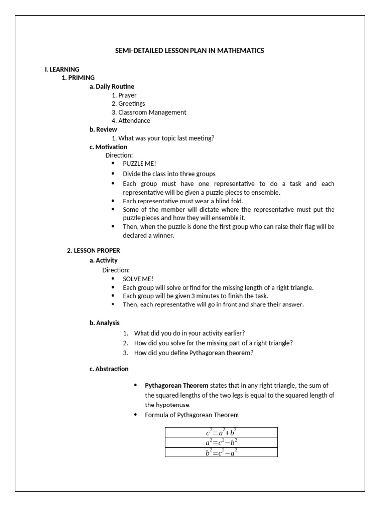 Semi-Detailed Lesson Plan in Mathematics: I. Learning 1. Priming A ...
