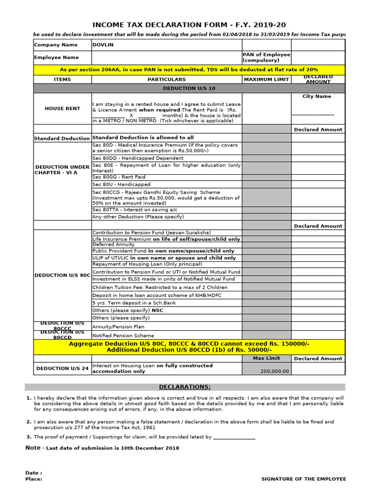 Employee Declaration 2019-2020 | PDF | Tax Deduction | Personal Finance