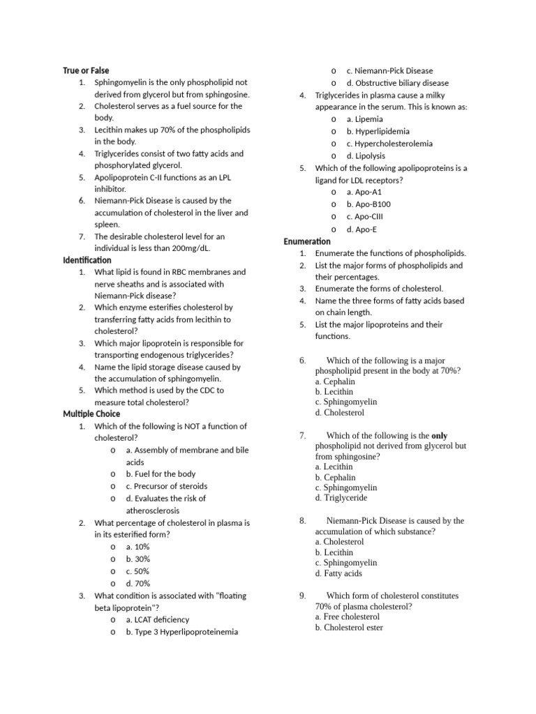 True or False | PDF | Lipoprotein | Cholesterol