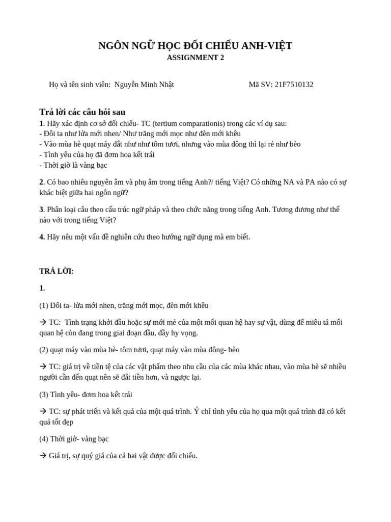 Ngon Ngu Hoc Doi Chieu Anh Viet Assignment 2 | PDF