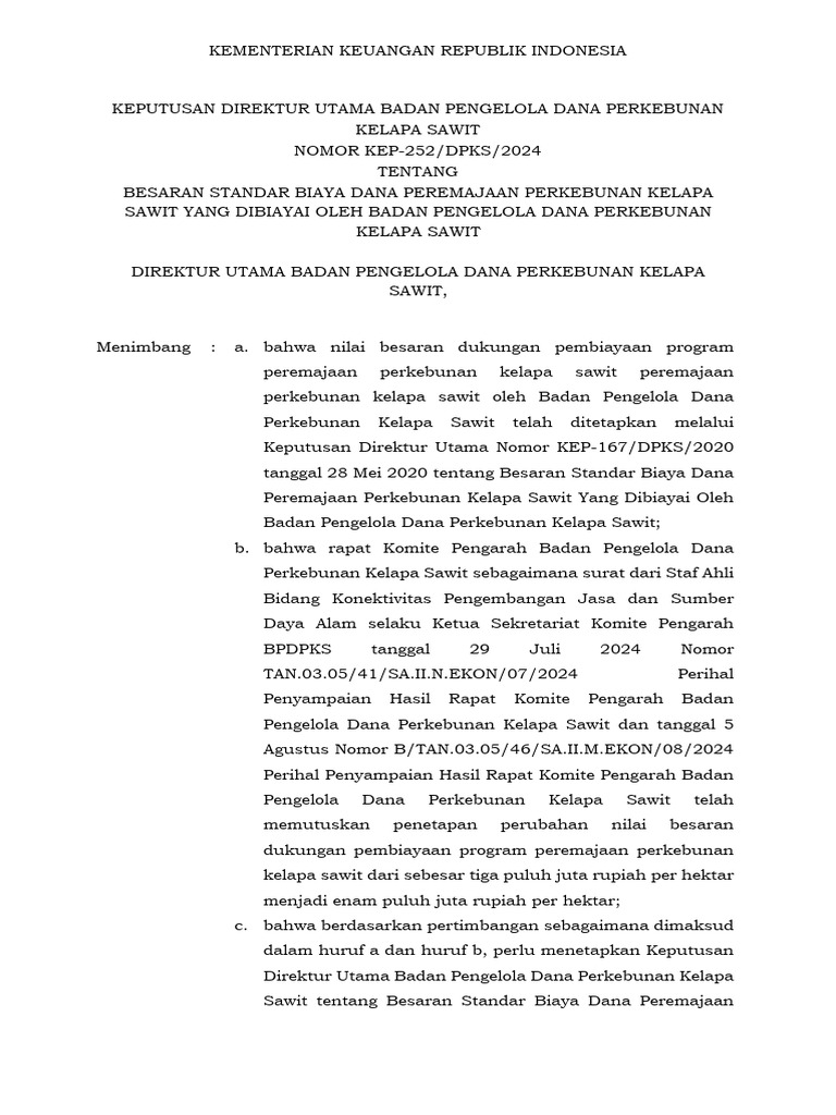 KEP 252 - DPKS - 2024 - Besaran Standar Biaya Dana PSR | PDF