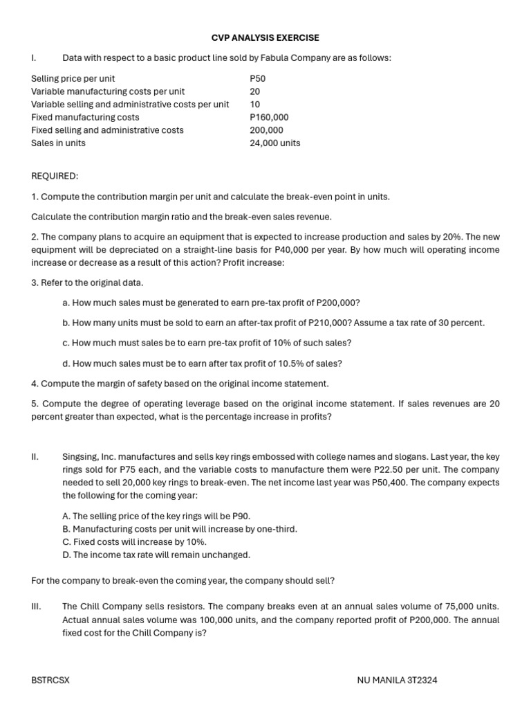 CVP Analysis Exercise | PDF | Business Economics | Financial Accounting