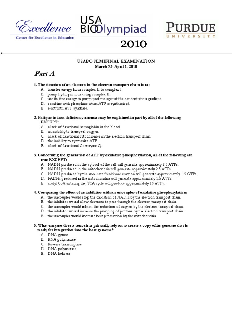 2010 Usabo Semifinal Examination | PDF | Electron Transport Chain ...