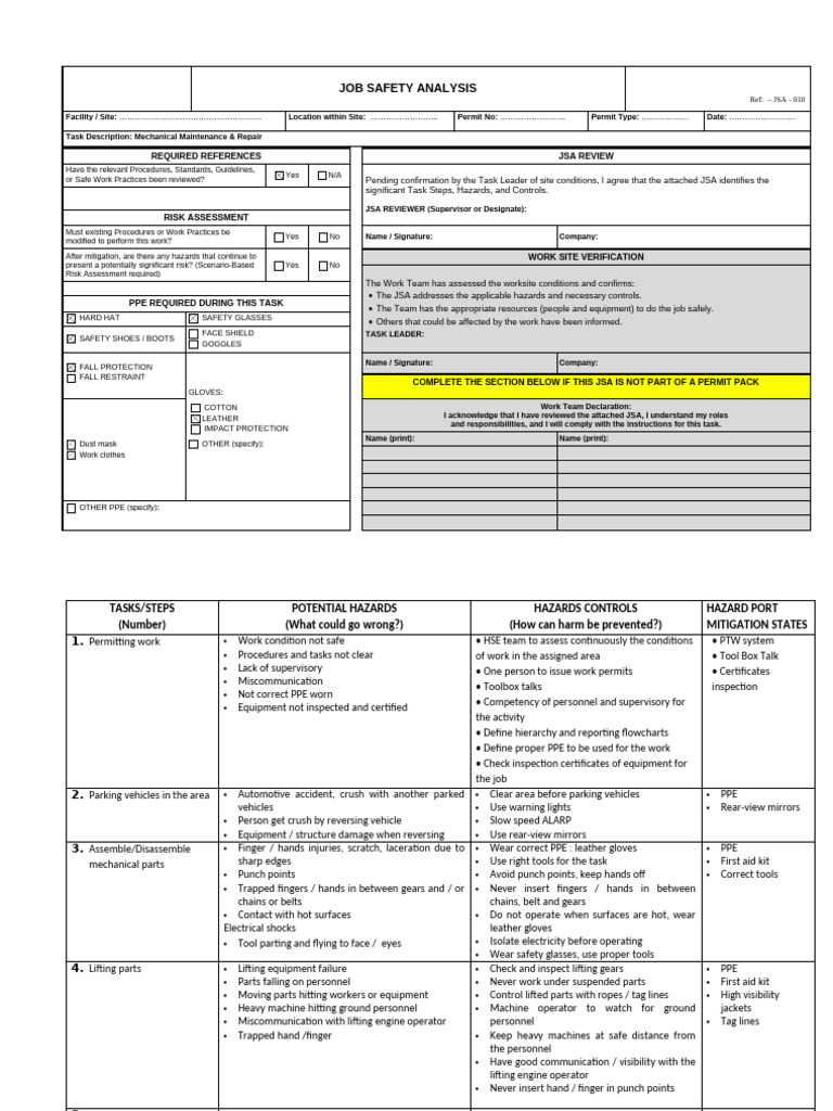 Mechanical Maintenance Job Safety Analysis | PDF | Personal Protective ...