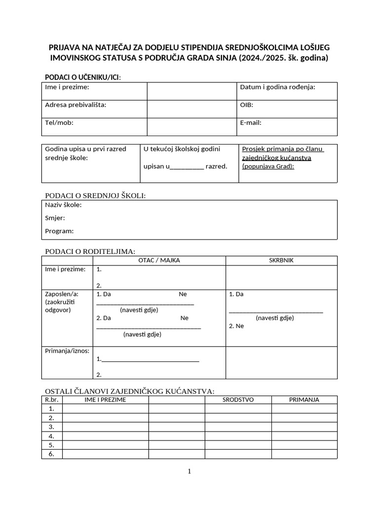 Obrazac Prijave Na Natjecaj Za Dodjelu Ucenicke Stipendije Grada Sinja | PDF