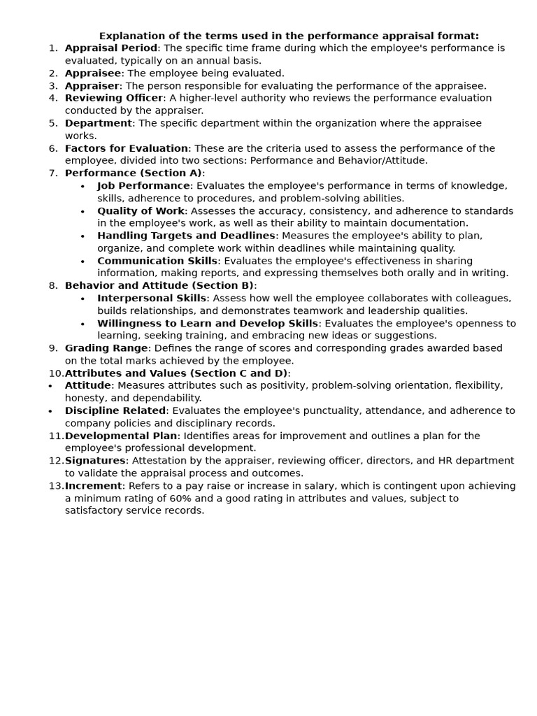 Explanation of The Terms Used in The Performance Appraisal Format - SOP ...