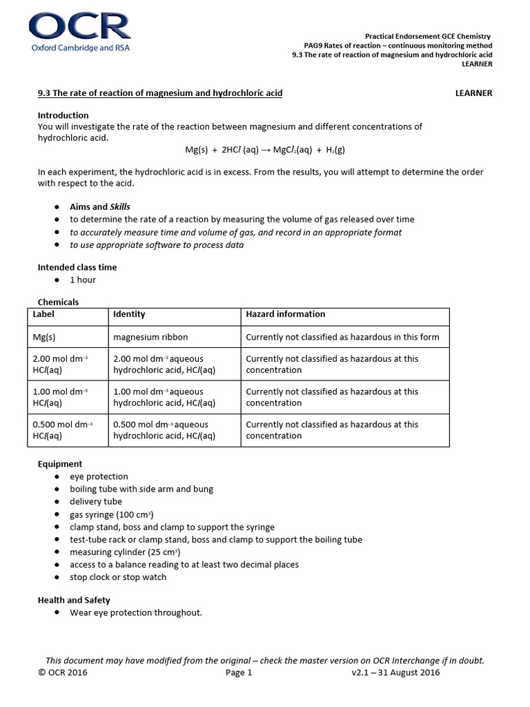 Chemistry PAG 9.3 Learner v2.1 | PDF | Hydrochloric Acid | Chemical Reactions