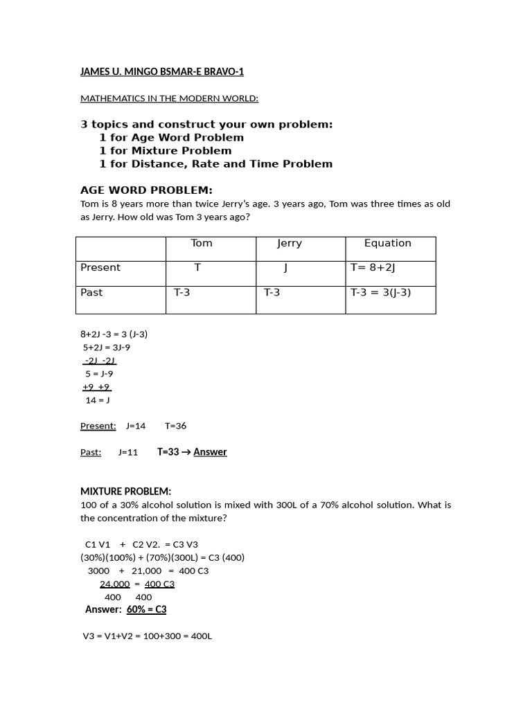SOLVING: Age Word Problem/Mixture Problem and Distance, Rate and Time Proble. | PDF | Mathematics