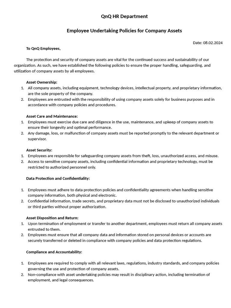 Employee Undertaking Policies For Company Assets - QNQ - 08.02.2024 ...
