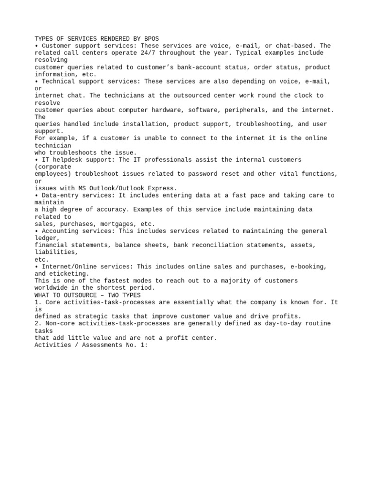 Types of Services Rendered by Bpos | PDF