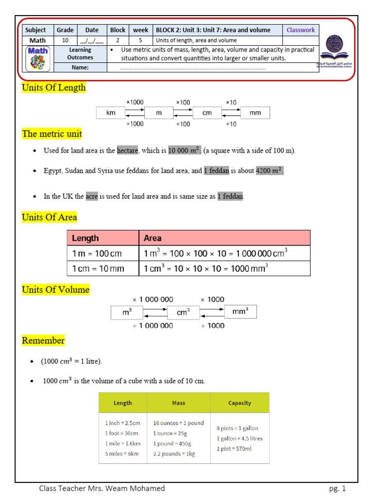 Units of Length | PDF | Area | Volume