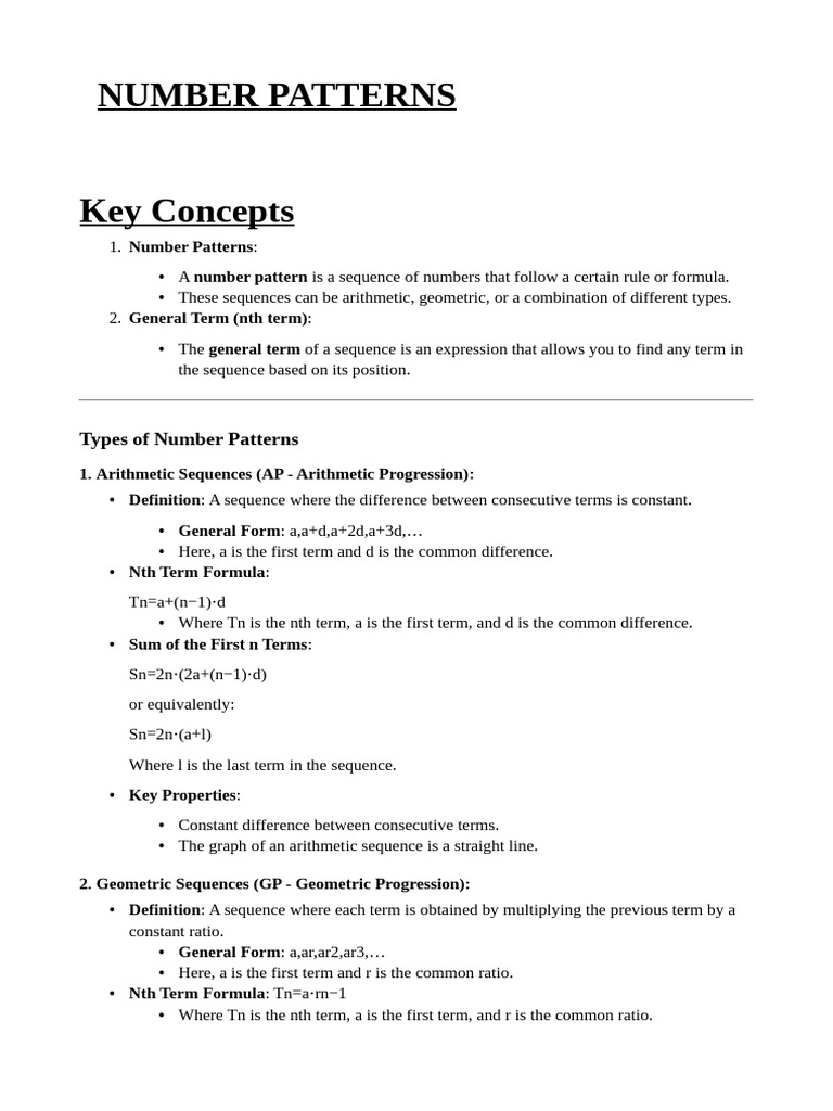 Mathematics Number Patterns Notes Summary | PDF | Sequence | Quadratic ...