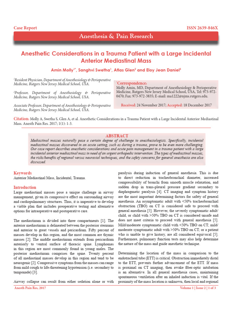 Anesthetic Considerations in A Trauma Patient With A Large Incidental ...